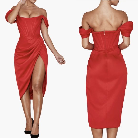 House of CB | Dresses | House Of Cb Loretta Red Satin Off Shoulder ...